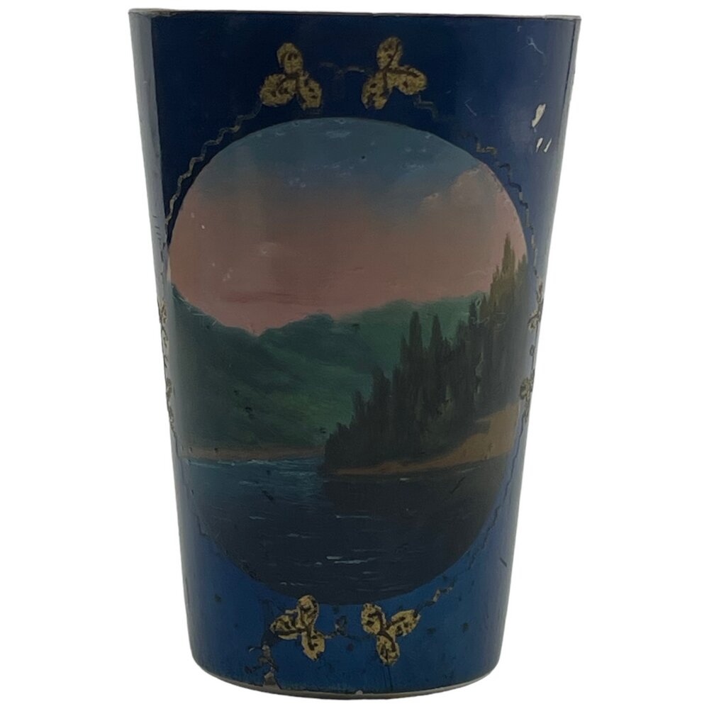 Серебряная стопка "Горы - река", 0.875, лаковая миниатюра, позолота, 1953-1958 гг, ЮР, г. Рига, СССР