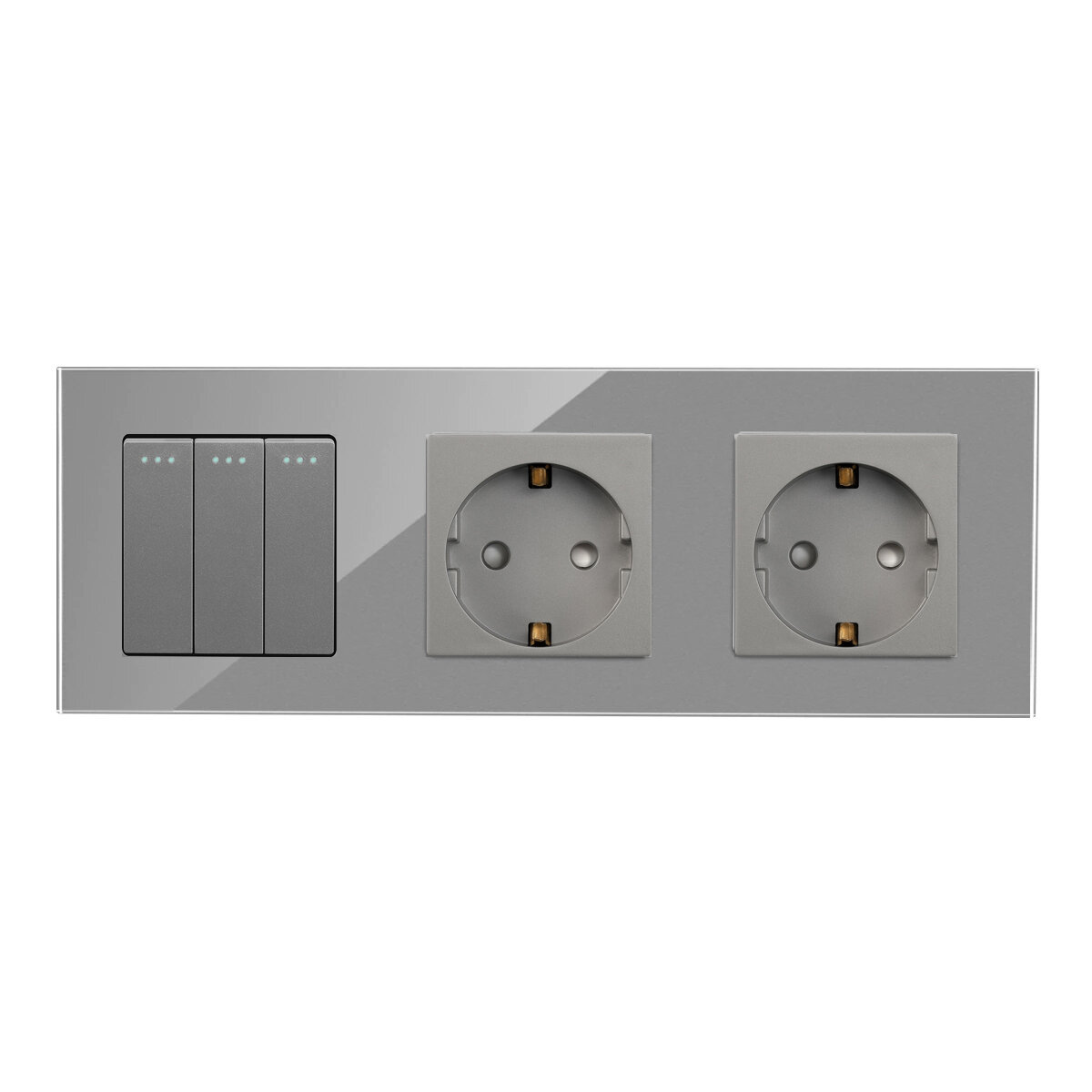 Выключатель с розеткой, 3 клавиши 2 розетки, 3 поста (M3+2F) рамка стекло 228х86мм цвет серый