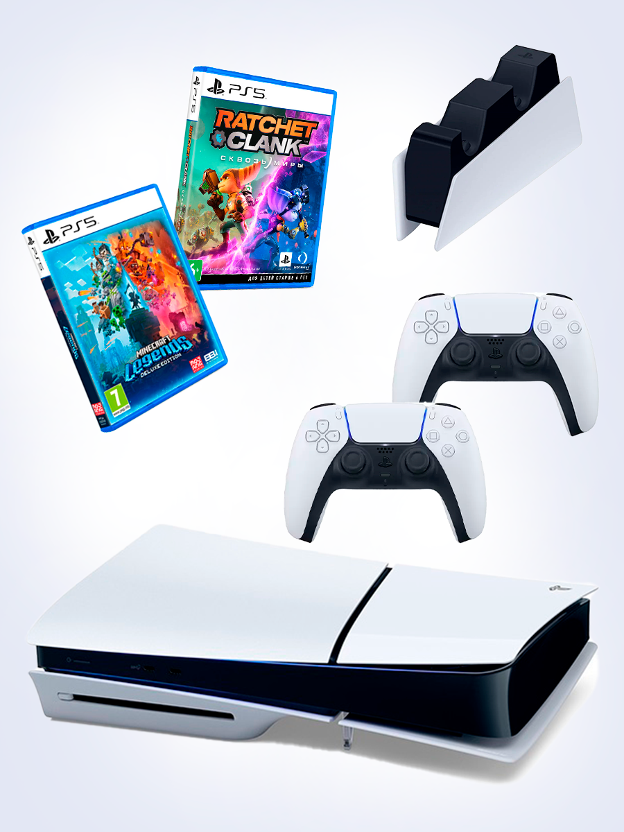 PS5 (ПC5) Игровая приставка Sony PlayStation 5 Slim disc + 2-й геймпад + зарядное + игра Minecraft+ игра Ratchet Clank