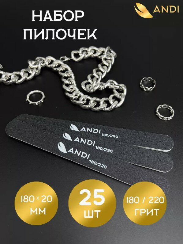 ANDI Пилочка для ногтей овальная 180/220 грит, в наборе 25 штук