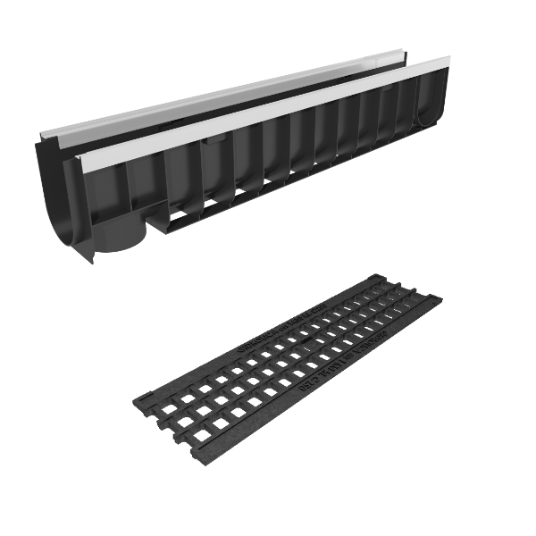 Лоток водоотводный усиленный Gidrolica DN100 H187 мм с чугунной ячеистой решеткой и крепежом класс С250