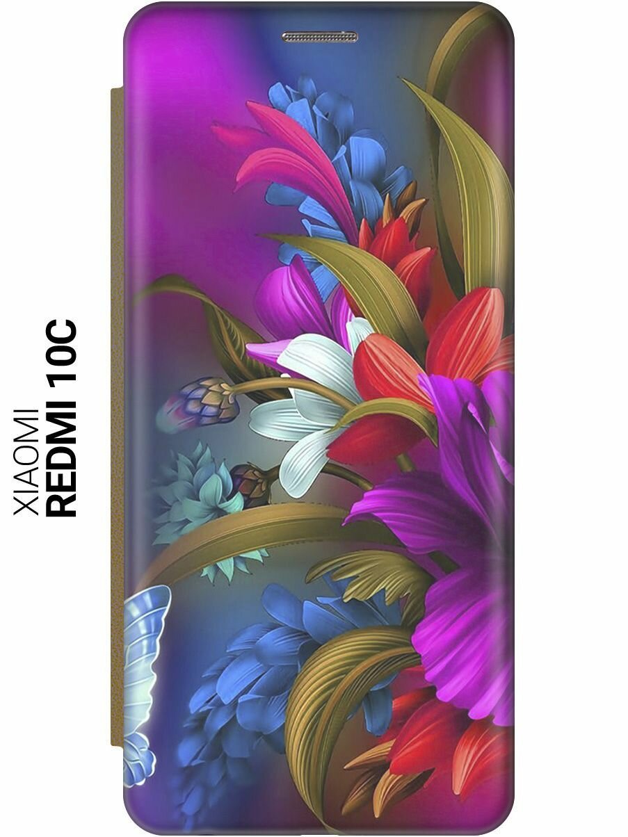 Чехол-книжка на Xiaomi Redmi 10C, Сяоми Редми 10С с 3D принтом "Фантастические цветы" золотой