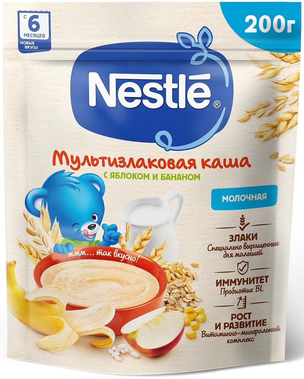 Каша Nestle молочная мультизлаковая с яблоком и бананом с бифидобактериями BL 200 г