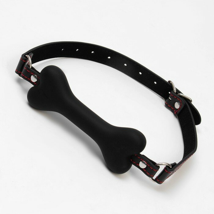 Кляп Оки-Чпоки для БДСМ, "Косточка", 15х2,5 см, силикон, кожа, черная