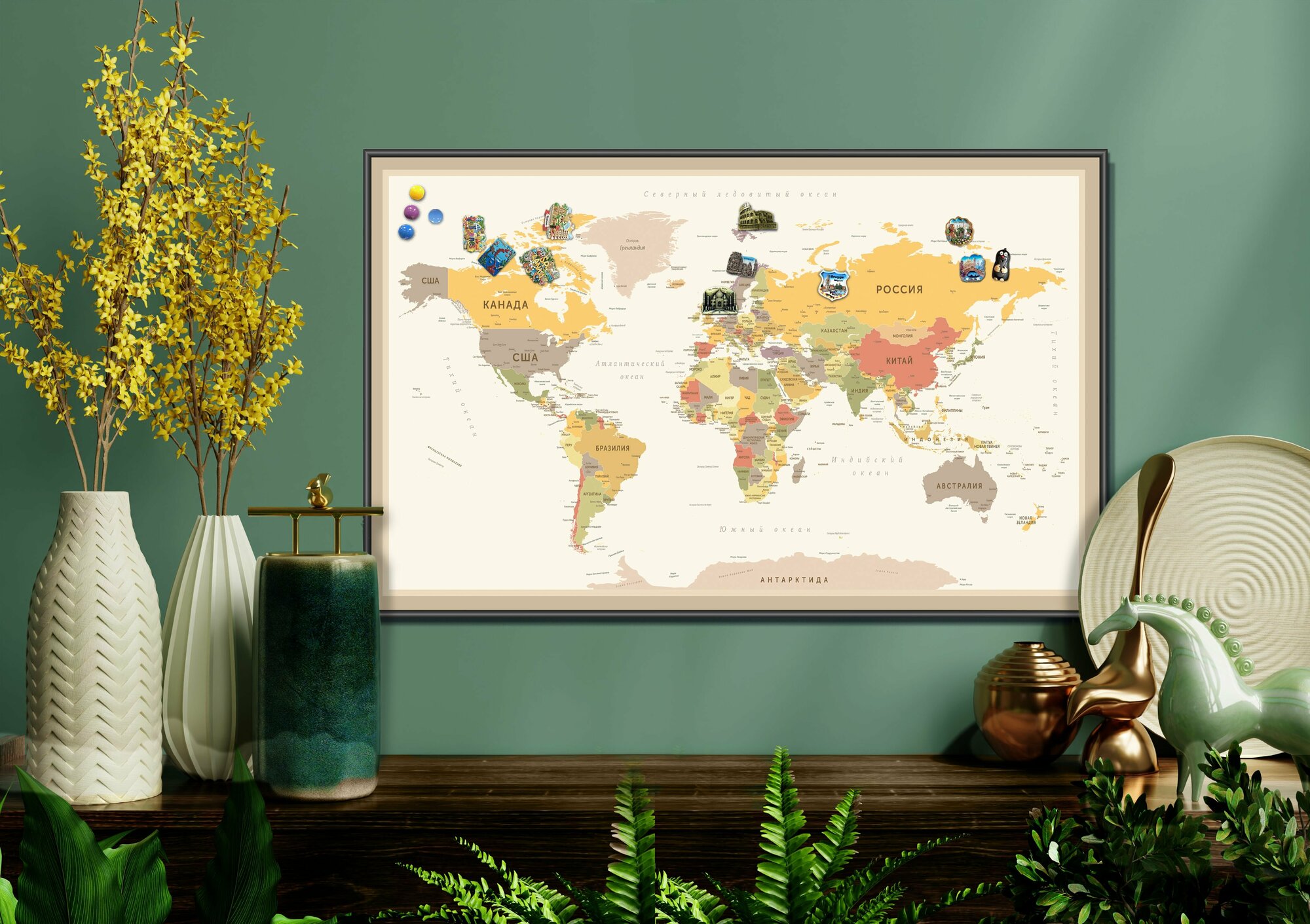 Доска для маркеров настенная АртБорд "Карта мира, бежевая", для записей, планирования, хранения магнитов, с горизонтальным и вертикальным креплением, в черном багете 80х50 см