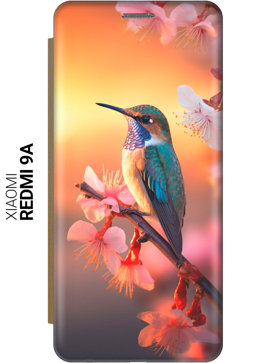 Чехол-книжка на Xiaomi Redmi 9A / Сяоми Редми 9А с рисунком "Птичка и закат" золотой