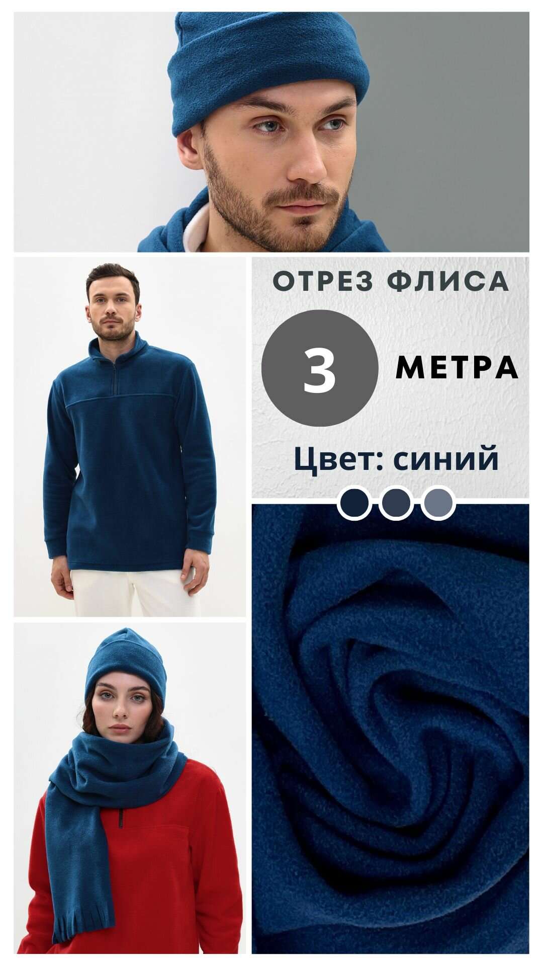 Отрез флиса 3 метра, антипиллинг, синий