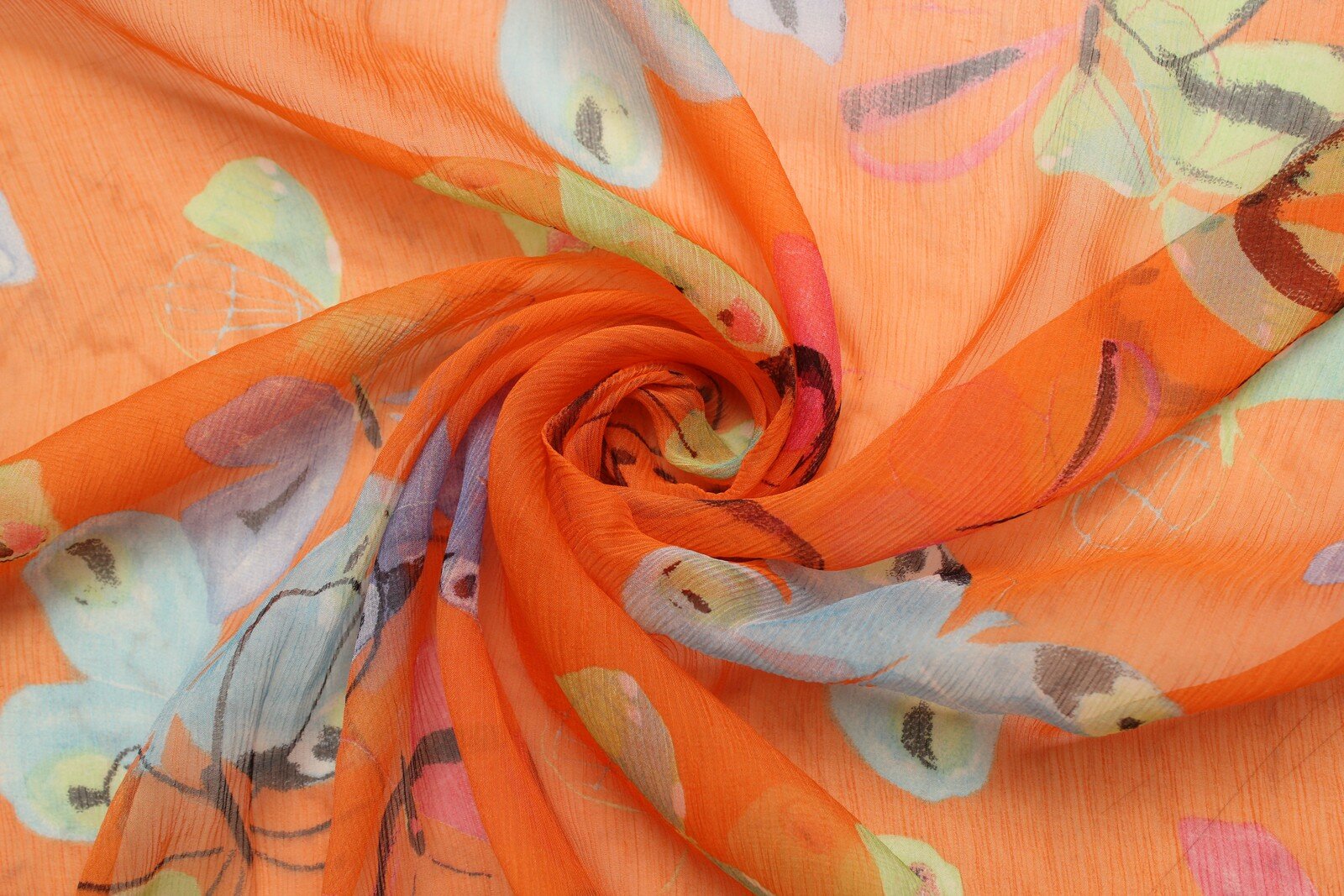 Ткань Шелк-шифон-креш оранжевый с голубыми бабочками, ш132см, 0,5 м