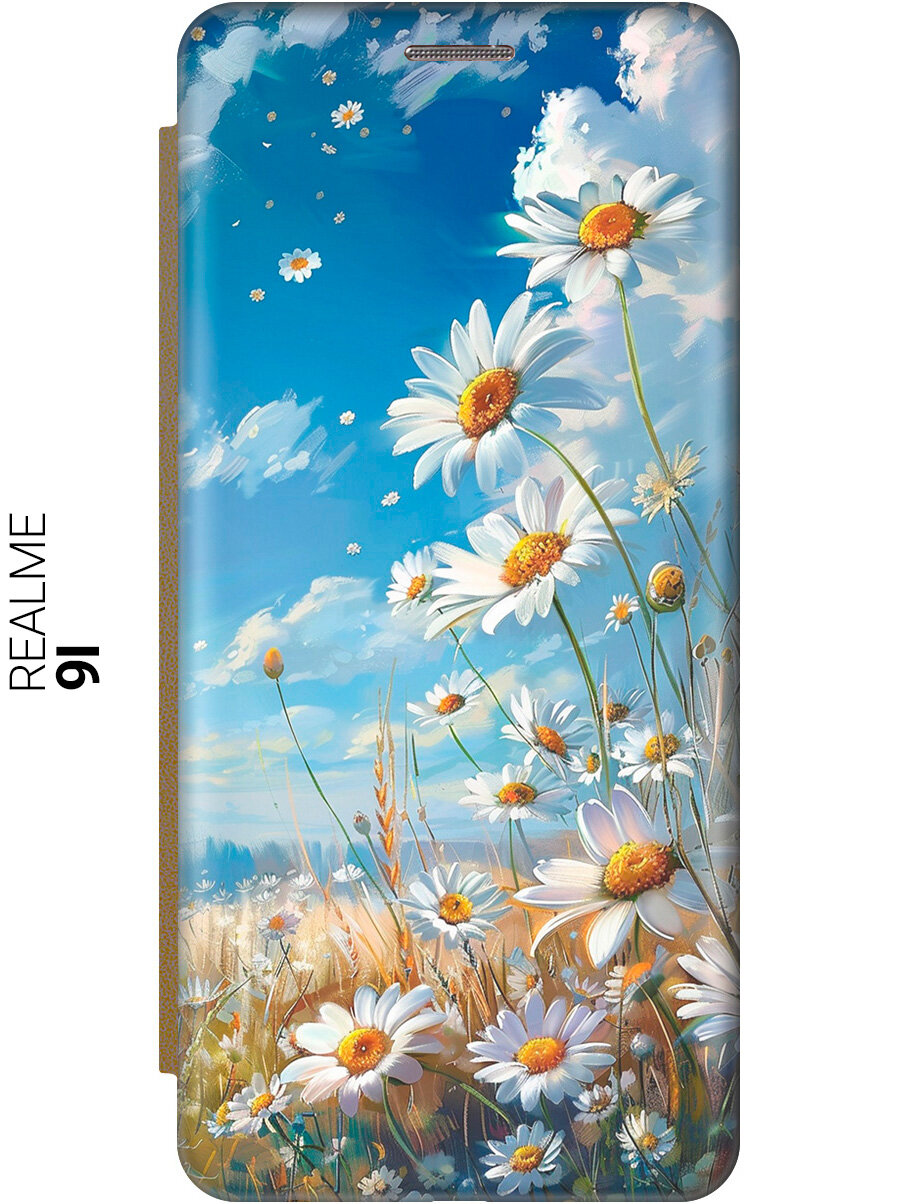 Чехол-книжка на Realme 9i / Рилми 9и с рисунком "Ромашки на поле" золотой