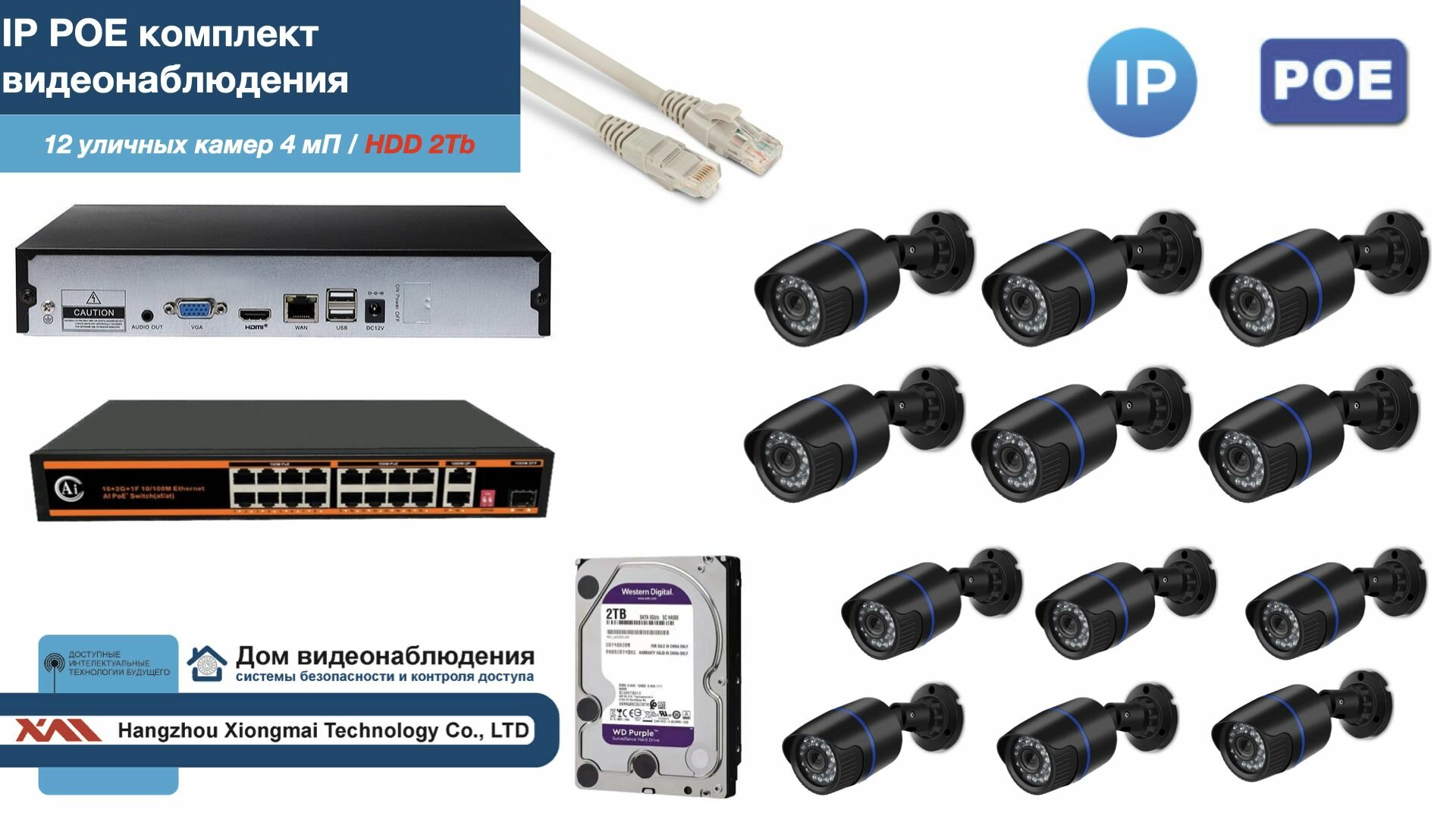 Полный IP POE комплект видеонаблюдения на 12 камер (KIT12IPPOE100B4MP-HDD2Tb)