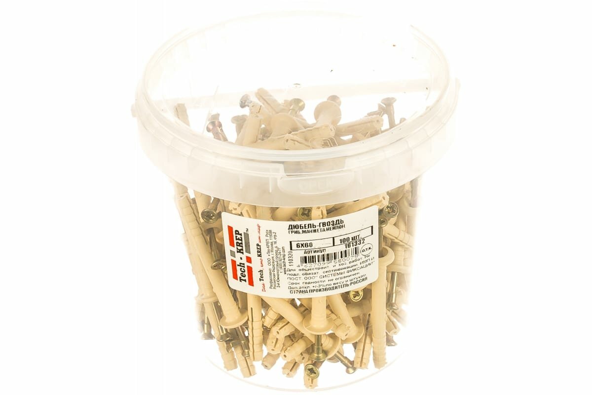 Tech-Krep дюбель-гвоздь 6L60 гриб. манжета нейлон 100 шт ведро 101332 для гипсокартона