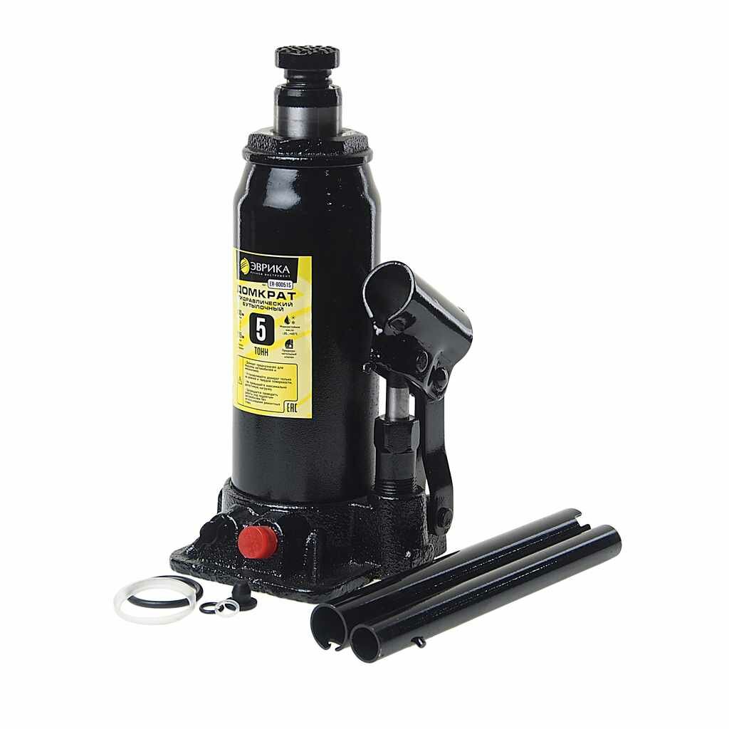 Домкрат бутылочный 5т 215-400мм с клапаном (ремкомплект) в кейсе, ER-80051S, эврика