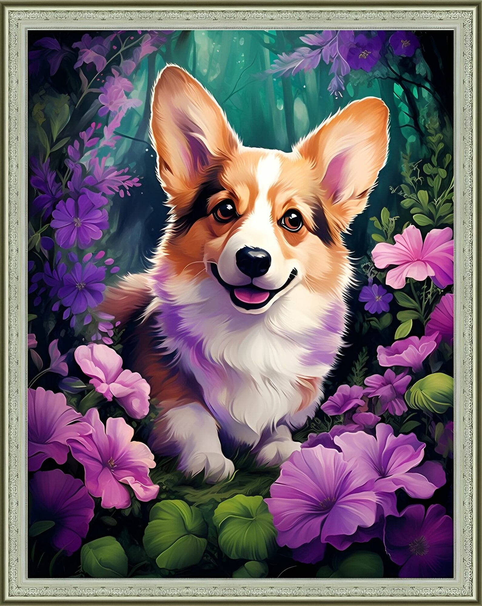 Алмазная мозаика на подрамнике 40*50 "Корги в цветах"