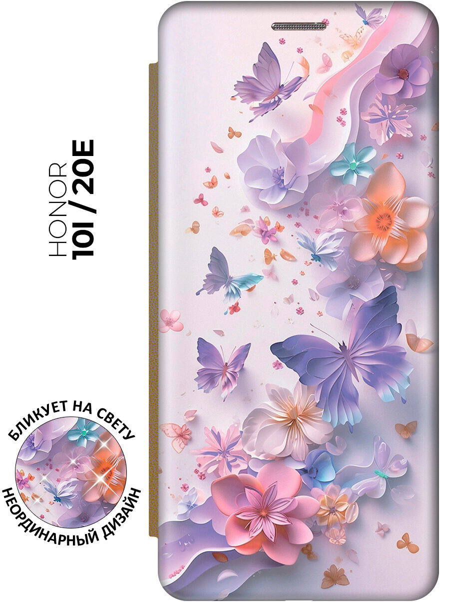 Чехол-книжка на Honor 10i / 20e с принтом "Фиолетовые бабочки и бумажные цветы" золотой