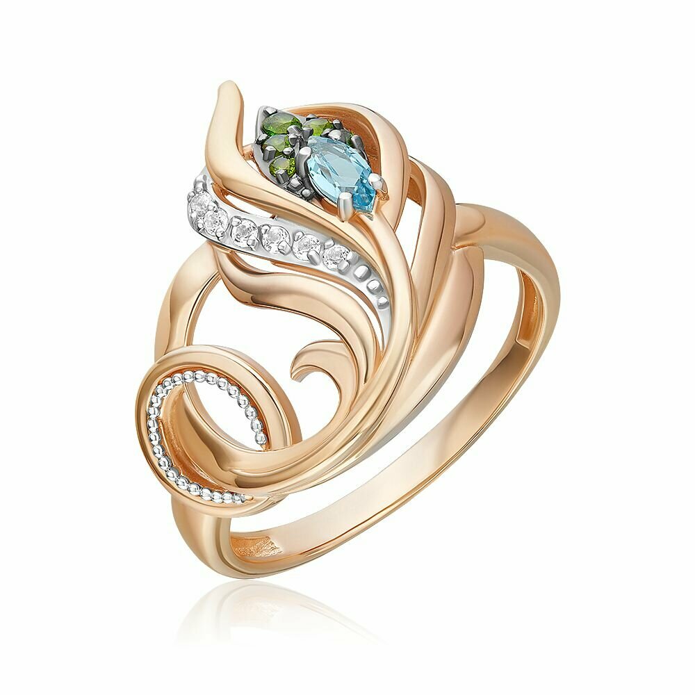 Кольцо, комбинированное золото, 585 проба, родирование, топаз, хромдиопсид