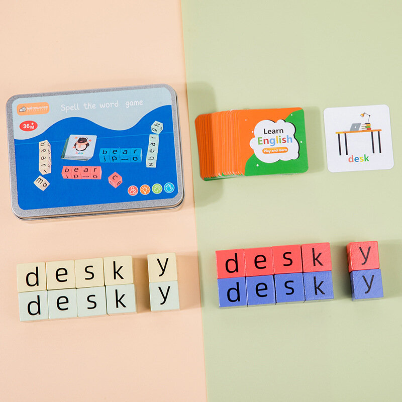 Горячая распродажаДетская веселая головоломка слов, английское раннее образование, обучающие пособия, карточки для обучения, вращающиеся строительные блоки, деревянные игрушки, игра в битву