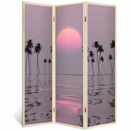 Ширма перегородка Декор Депо для комнаты деревянная "Летняя ночь" двухсторонняя с картинкой (море) 3 створки кремовый дуб 176х140 см 11 кг