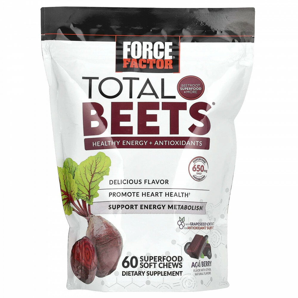 Force Factor, Total Beets®, здоровая энергия и антиоксиданты, ягоды асаи, 60 жевательных таблеток Superfood
