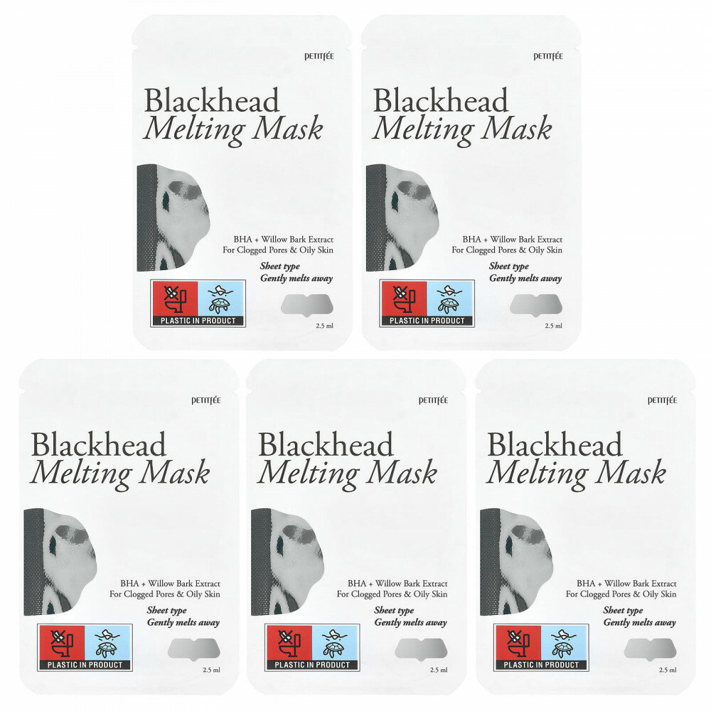 Petitfee, тающая маска для лица от черных точек, 5 шт, по 2,5 мл (0,08 жидк. унции)