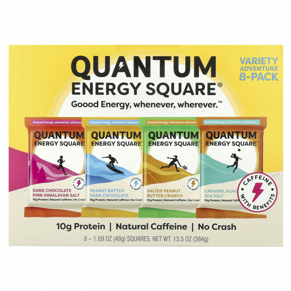 Quantum Energy Square, Протеиновый снек с кофеином, разнообразные, 8 квадратов, 48 г (1,69 унции)