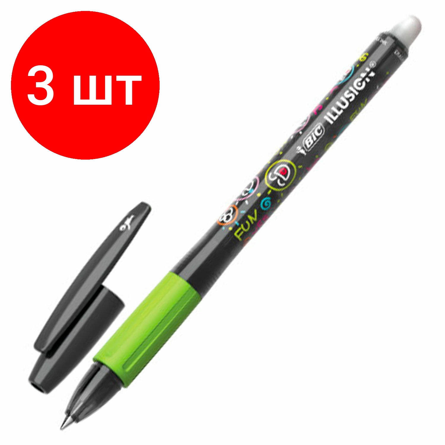 Комплект 3 шт, Ручка стираемая гелевая с грипом BIC Gelocity Illusion, черная, корпус черный, линия 0.3мм, 516523