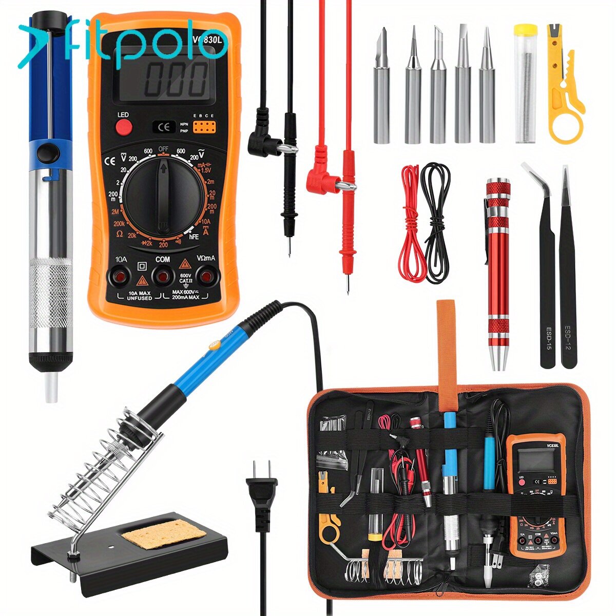 60W паяльник с регулируемой температурой, набор из 19 инструментов, цифровой мультиметр, термоусадочные трубки – идеально для ремонта электроники и любительской пайки, питание от сети (110–130 В), набор для пайки