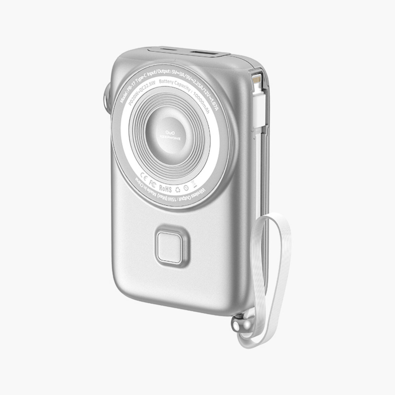 Беспроводной блок питания KEEPHONE Rapid Power / Повербанк с кабелем lightning / Быстрая зарядка 10000 мАч — Белый