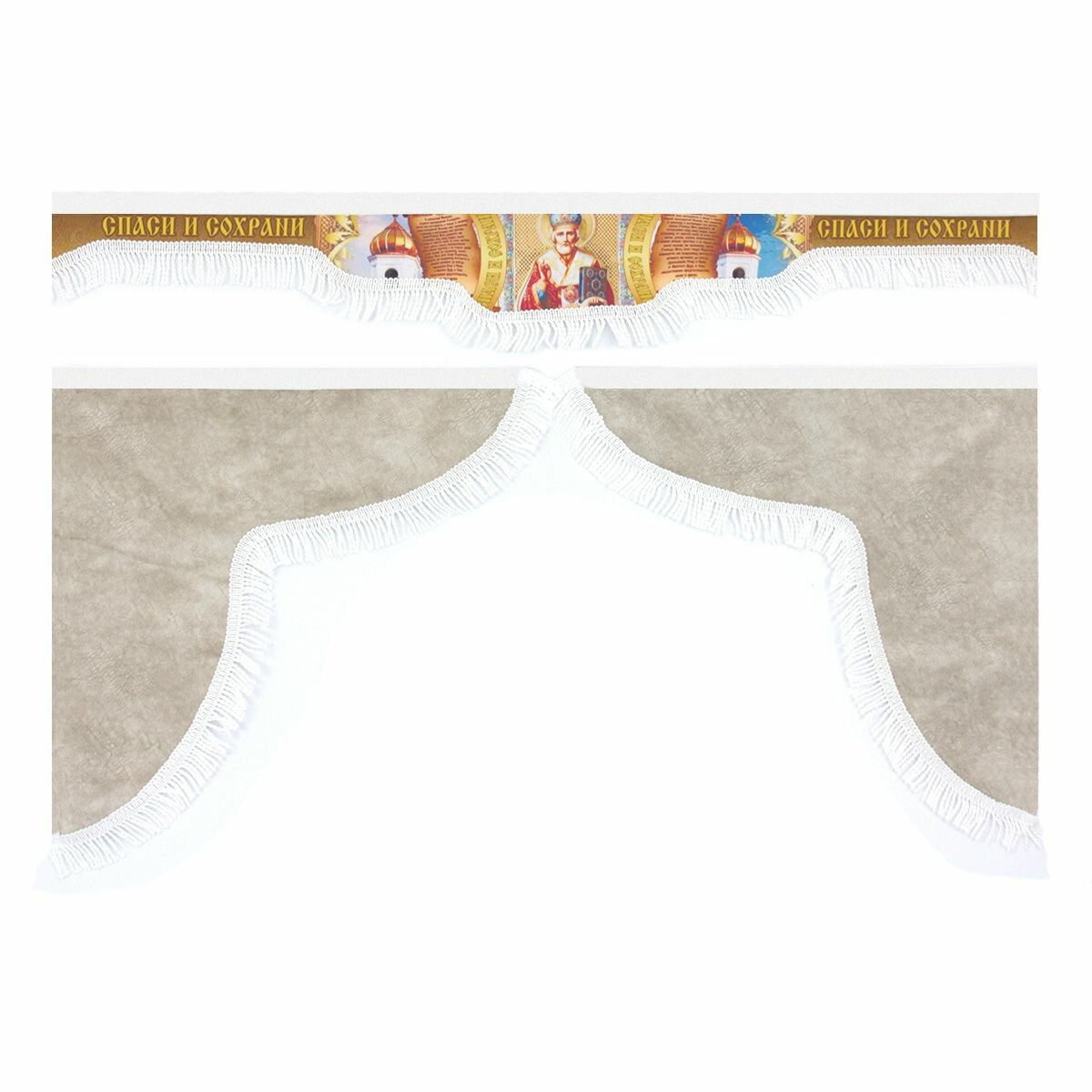 Ламбрекен лобовой 1.5м. габардин/бруно фотопечать Церковь + боковые (серый + белая бахрома)