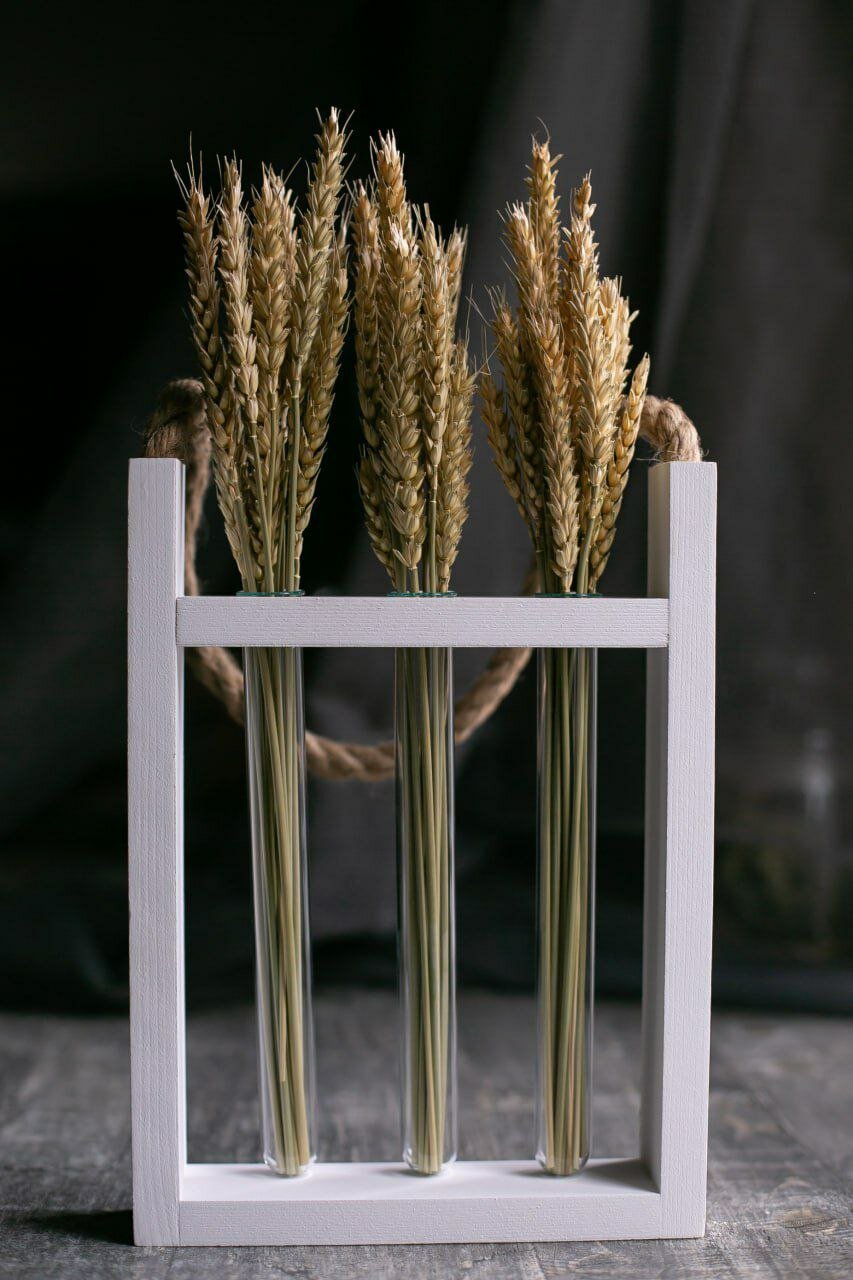 Сухоцветы для декора. Настенная композиция. Рамка с пшеницей в пробирках . Белая.