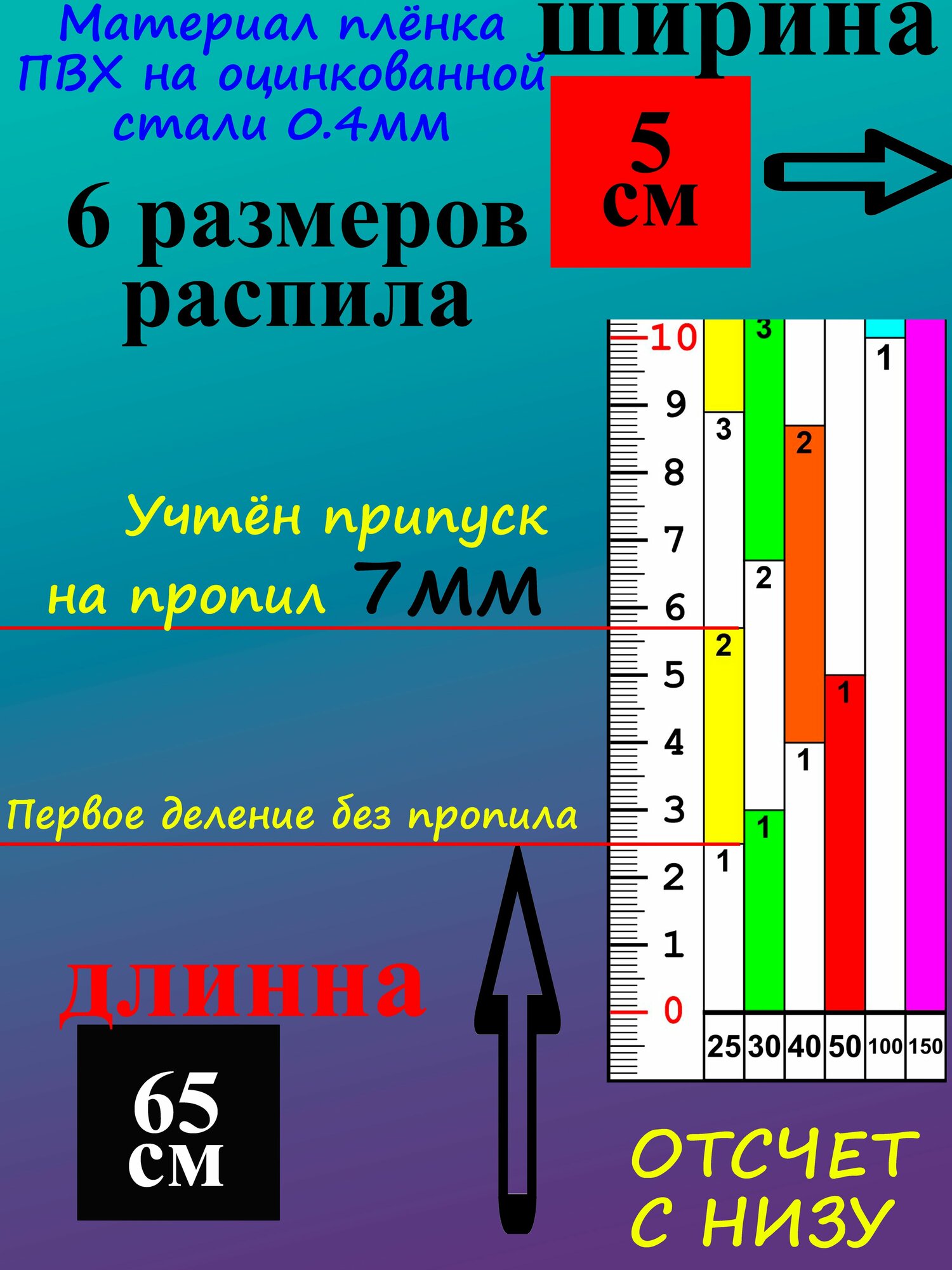 Линейка для пилорамы 65см 6размеров пропил 7мм (в начале без пропила) обратная на оцинкованной стали 0,4мм