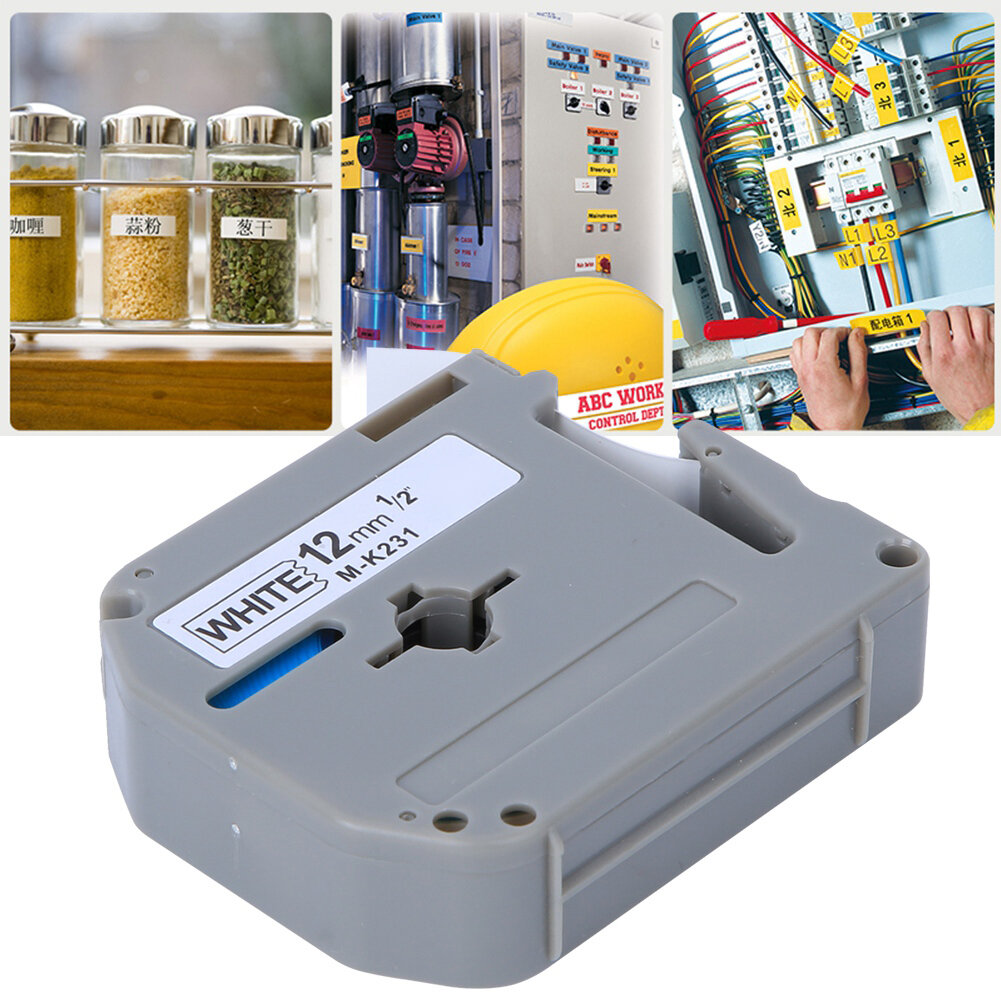 Лента этикеток 12mm PET черные буквы белая основа для принтера этикеток PT‑65 PT‑70 PT‑80, совместимая с оригинальным моделью M-K231, с ламинированием, размер 12x8000mm, 1 штука