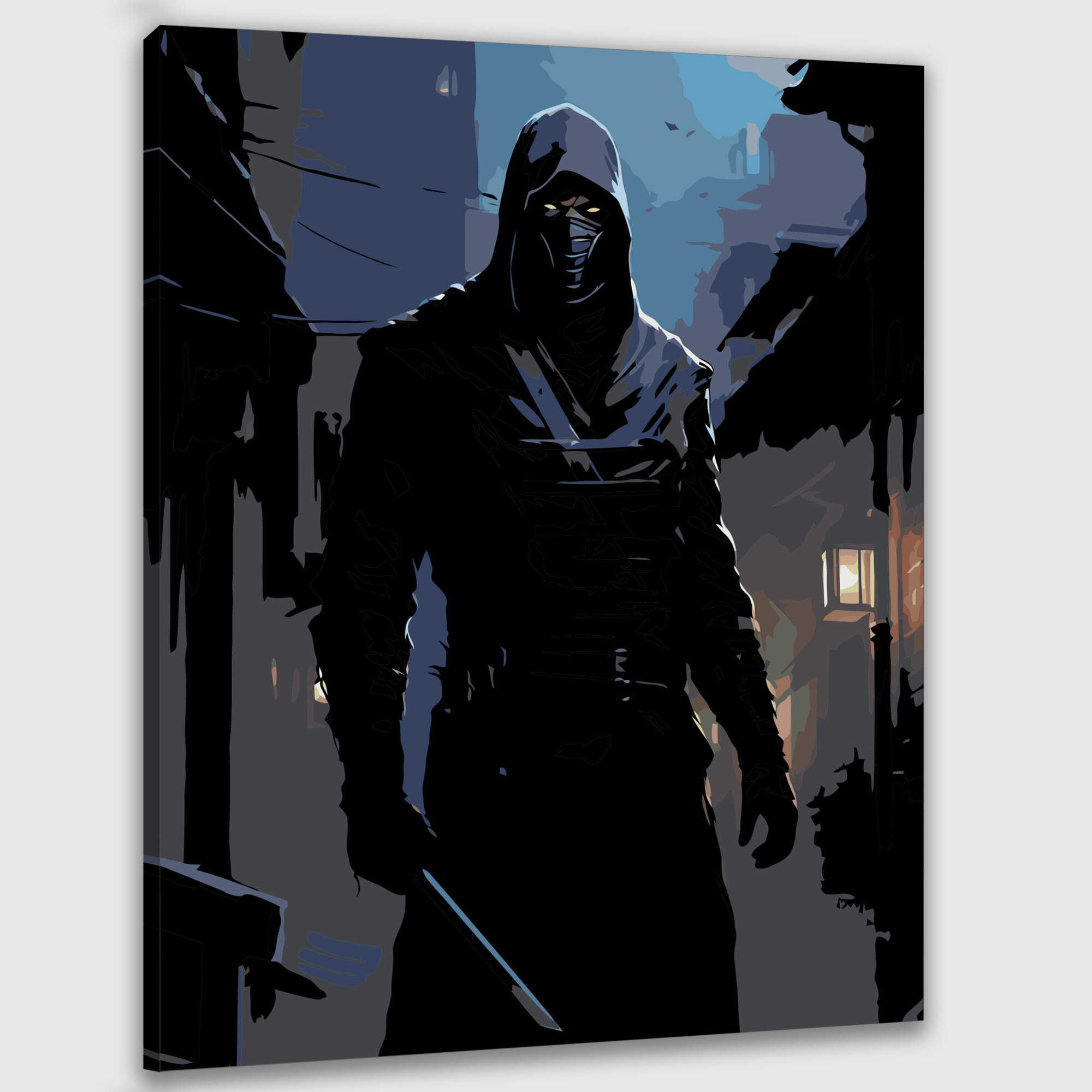 Картина по номерам 40x50 см, картина, цифровая, ниндзя, черный наряд, тени, лунный свет, городской пейзаж, взгляд, поза