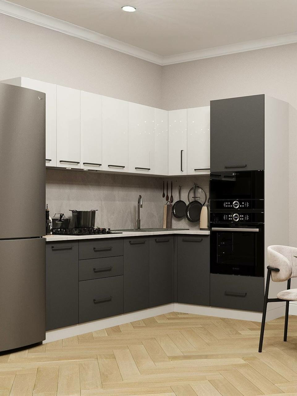 Модульная кухня угловая ЛДСП 2,4х1,6м белый глянец/графит со столешницей и пеналом под духовой шкаф и СВЧ У3.1