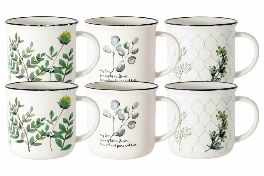 Набор 6 кружек, 400 мл, фарфор N, белая, Herbarium, Летний луг, Эвкалипт, Зеленые ветки (Anna Lafarg)