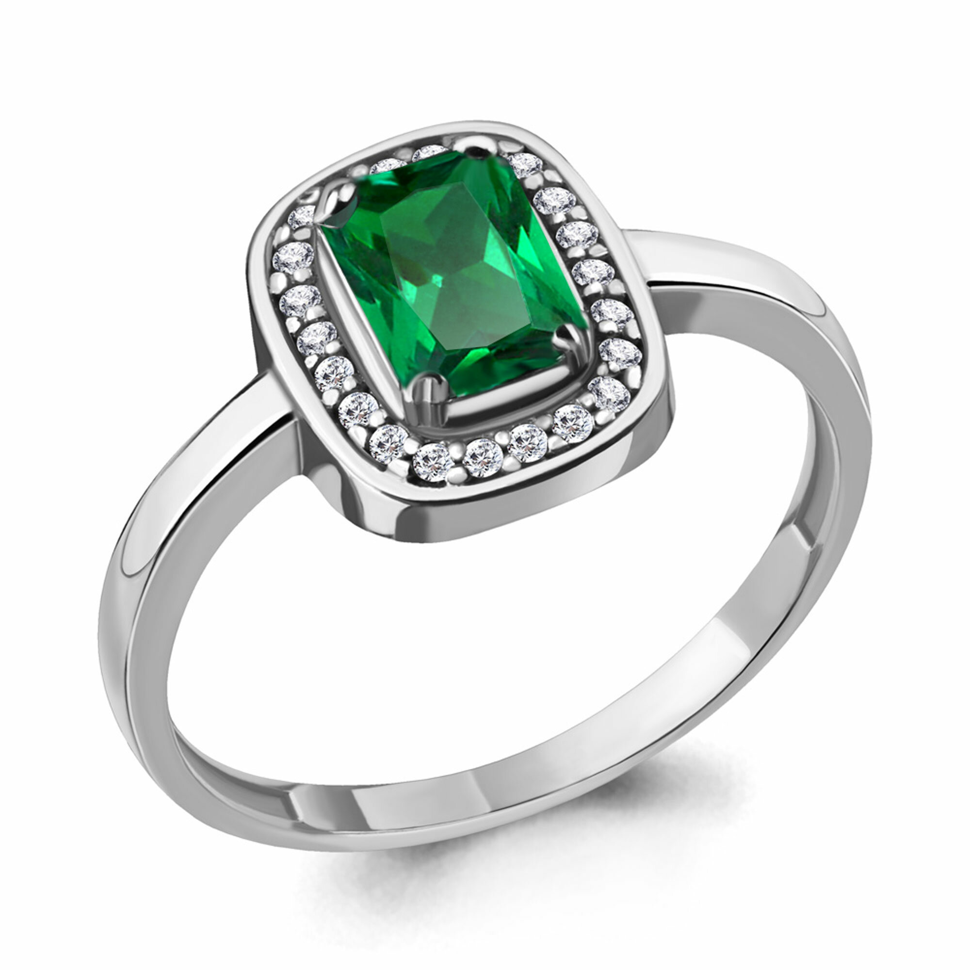 Кольцо, серебро, 925 проба, родирование, изумруд синтетический, фианит