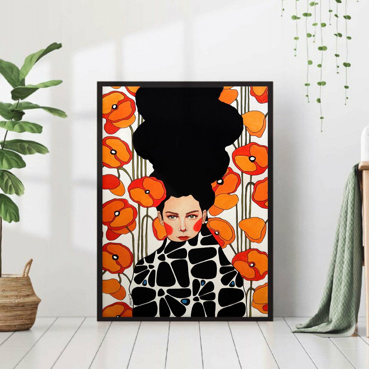 Постер "Хулио Оздемир девушка маки" 50x70 в черной рамке на стену для интерьера