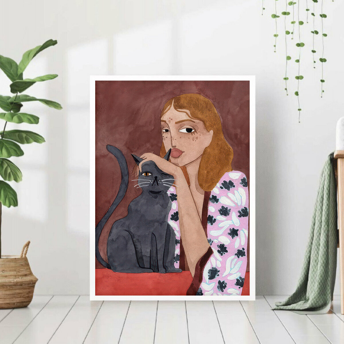 Постер "Брунна Манкузо девушка с кошкой" 50x70 в белой рамке для интерьера на стену