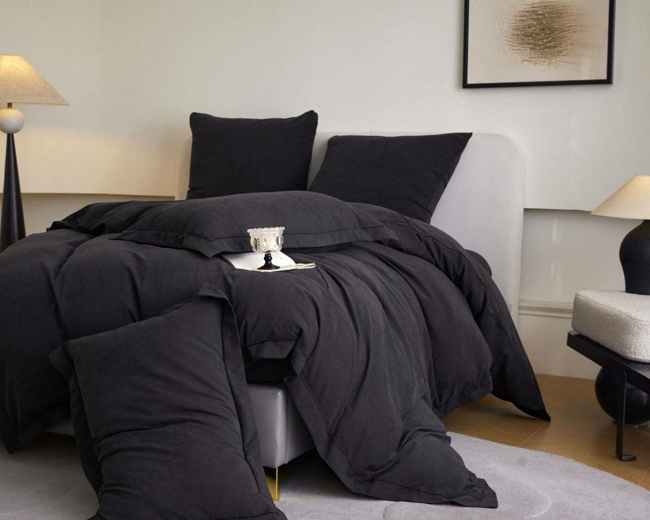 Комплект постельного белья Winni Семейный, Бархатный сатин, Черный
