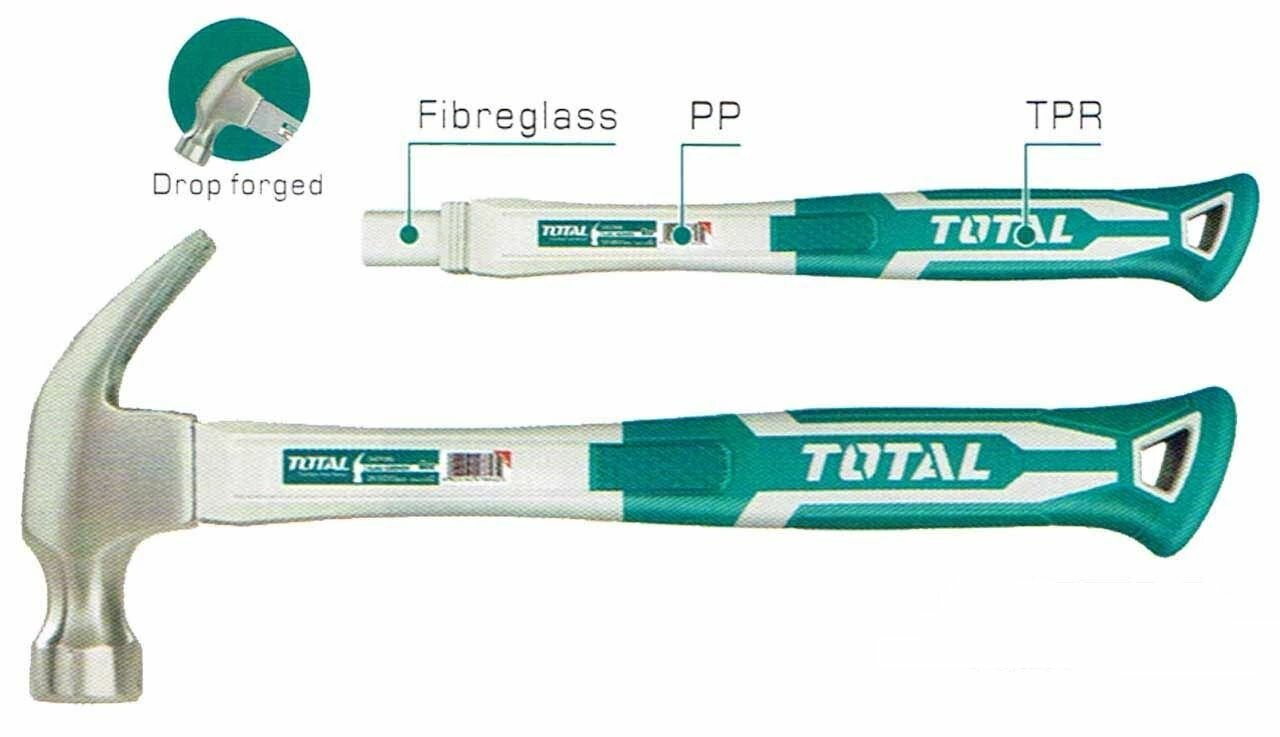 Молоток гвоздодер TOTAL THT7143166, сталь/стеклопластик, 16 oz — фото 1
