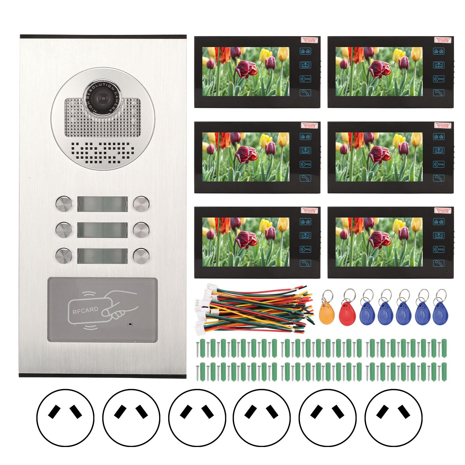 7-дюймовая видеодомофонная система с 6-кнопочным монитором, камерой и ночным видением, комплектом громкой связи для квартир и апартаментов, австралийская вилка.