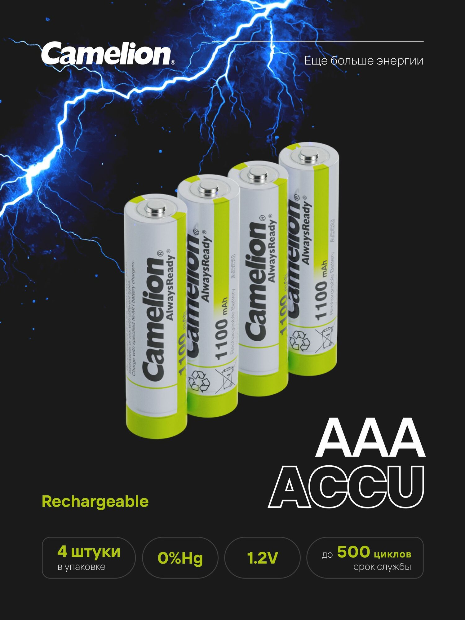 Батарейки аккумуляторные Camelion AAA, предзаряженные, зеленые, 1100 мА, 4шт, мизинчиковые аккумуляторы