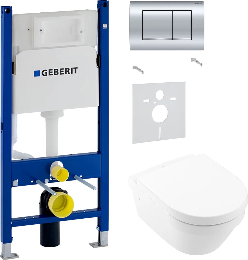 Комплект 3 в 1 Унитаз подвесной Villeroy & Boch Architectura 4694HR01 / Звукоизоляция Geberit 156.050.00.1 / Инсталляция с кнопкой Duofix Delta 458.163.21.1 цвет хром