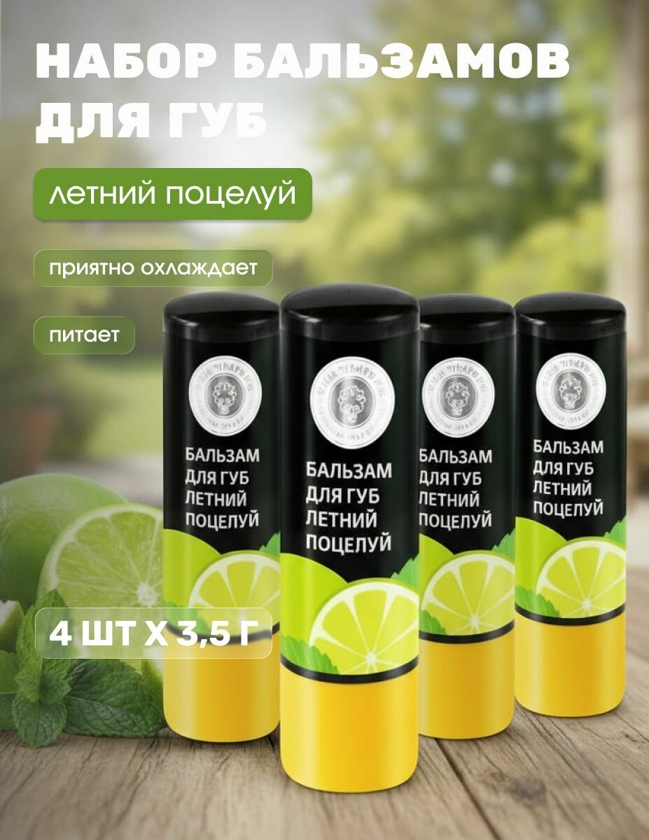 Натуральный бальзам для губ Летний поцелуй с маслом ментола, 4 шт х 3,5 г