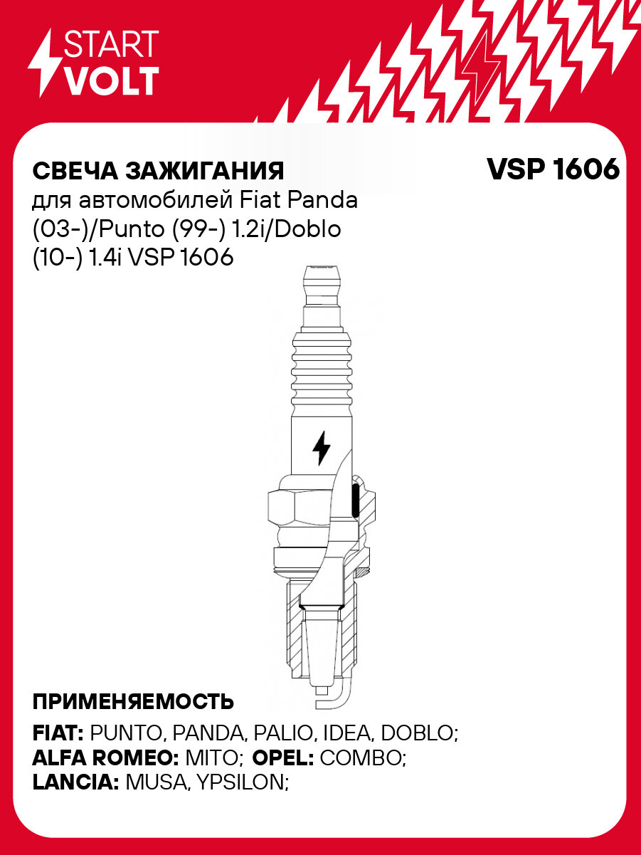 Свеча зажигания для автомобилей Fiat Panda (03-)/Punto (99-) 1.2i/Doblo (10-) 1.4i VSP 1606 StartVolt