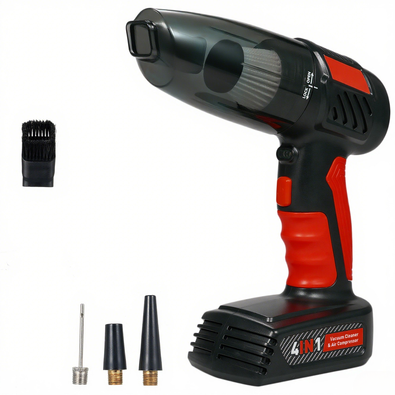 4 в 1 Пылесос для автомобиля Портативный надуватель Пылесос 5500 Па Ручной пылесос Надуватель для шин с цифровым дисплеем давления в шинах с LED-освещением для автомобиля Дома Офиса Черный ABS 2500mah*2 90W 15 Минут 2.5 Часа 5V2A 380 Мотор 150PSI 20L/мин