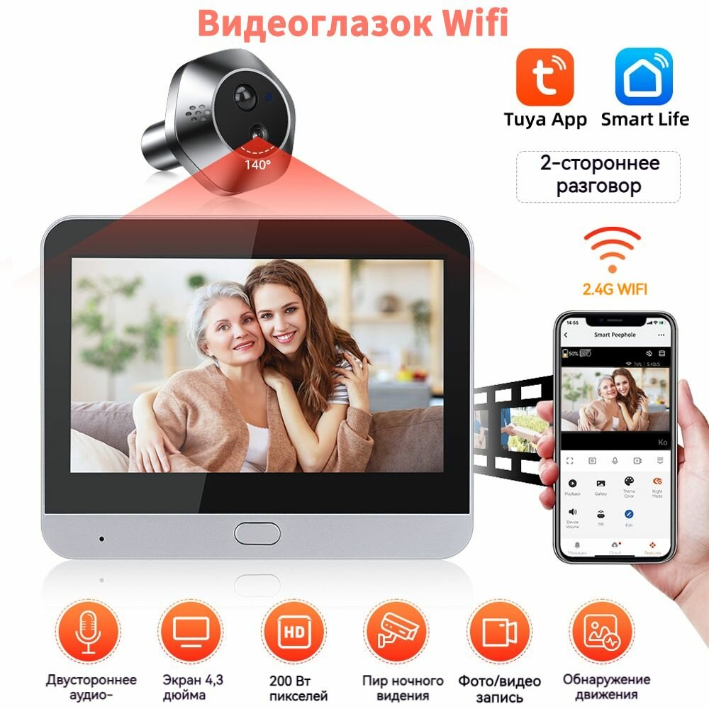 4.3" умный дверной глазок для входной двери Tuya Wifi, с датчиком движения и запись,1080P,5000 мАч, Ночное видение включено