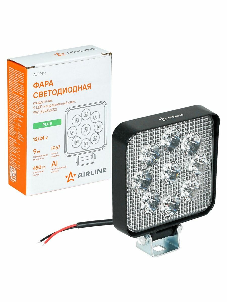 Фара светодиодная квадратная, 9LED, направленный свет, 9Вт, 12/24В, PLUS, AIRLINE ALED146