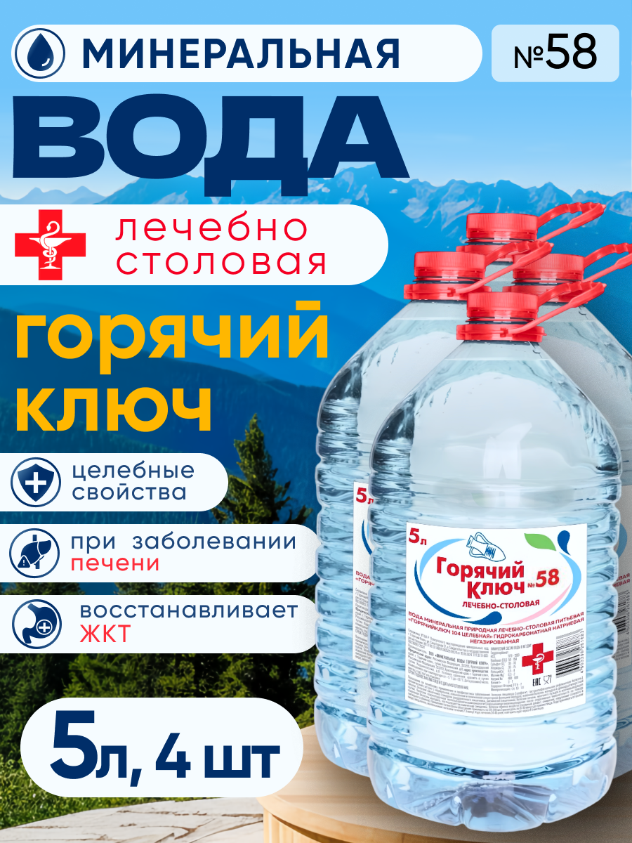 Лечебно-столовая природная минеральная вода "Горячий ключ" 4 шт по 5 литров