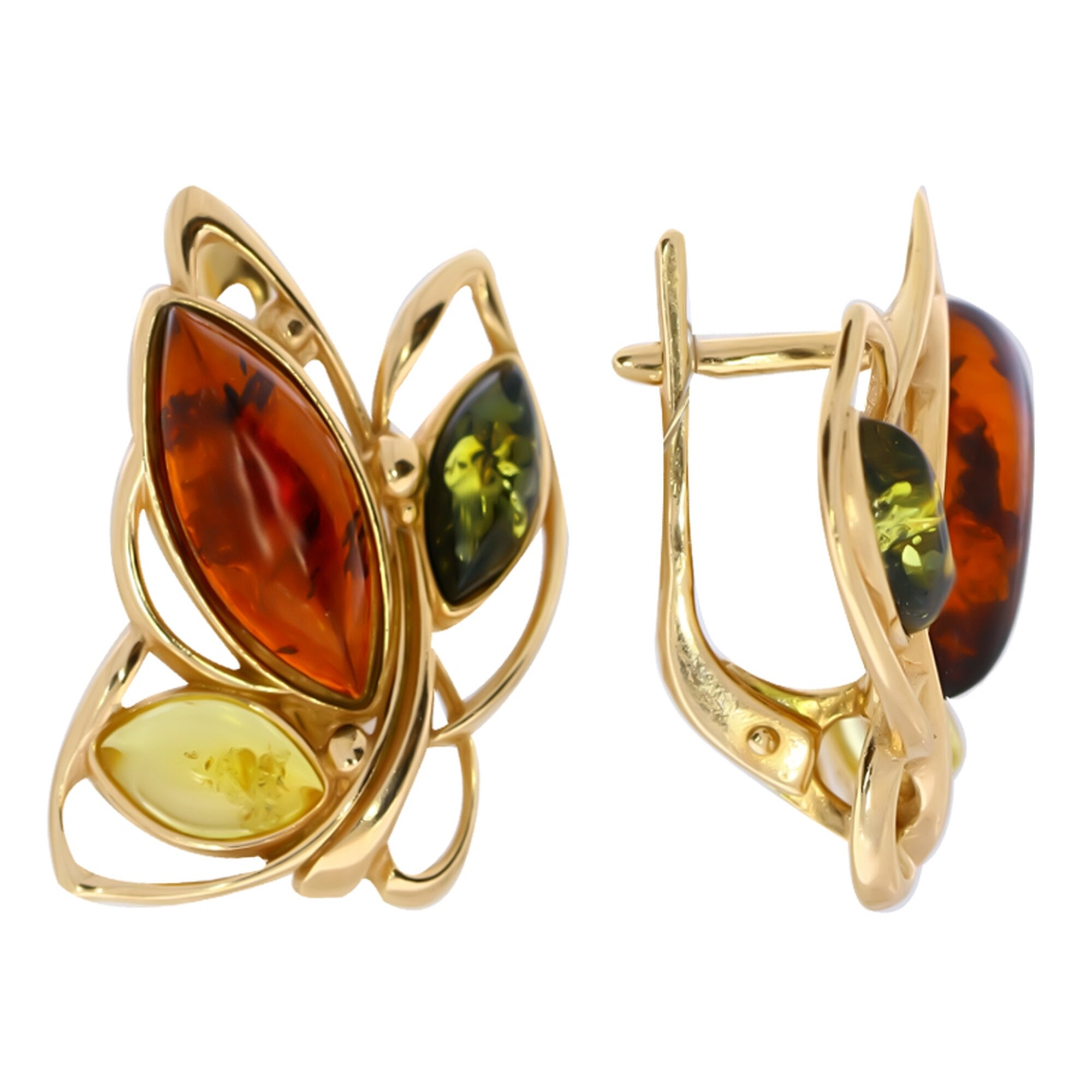 Серьги, серебро, 925 проба, золочение, янтарь