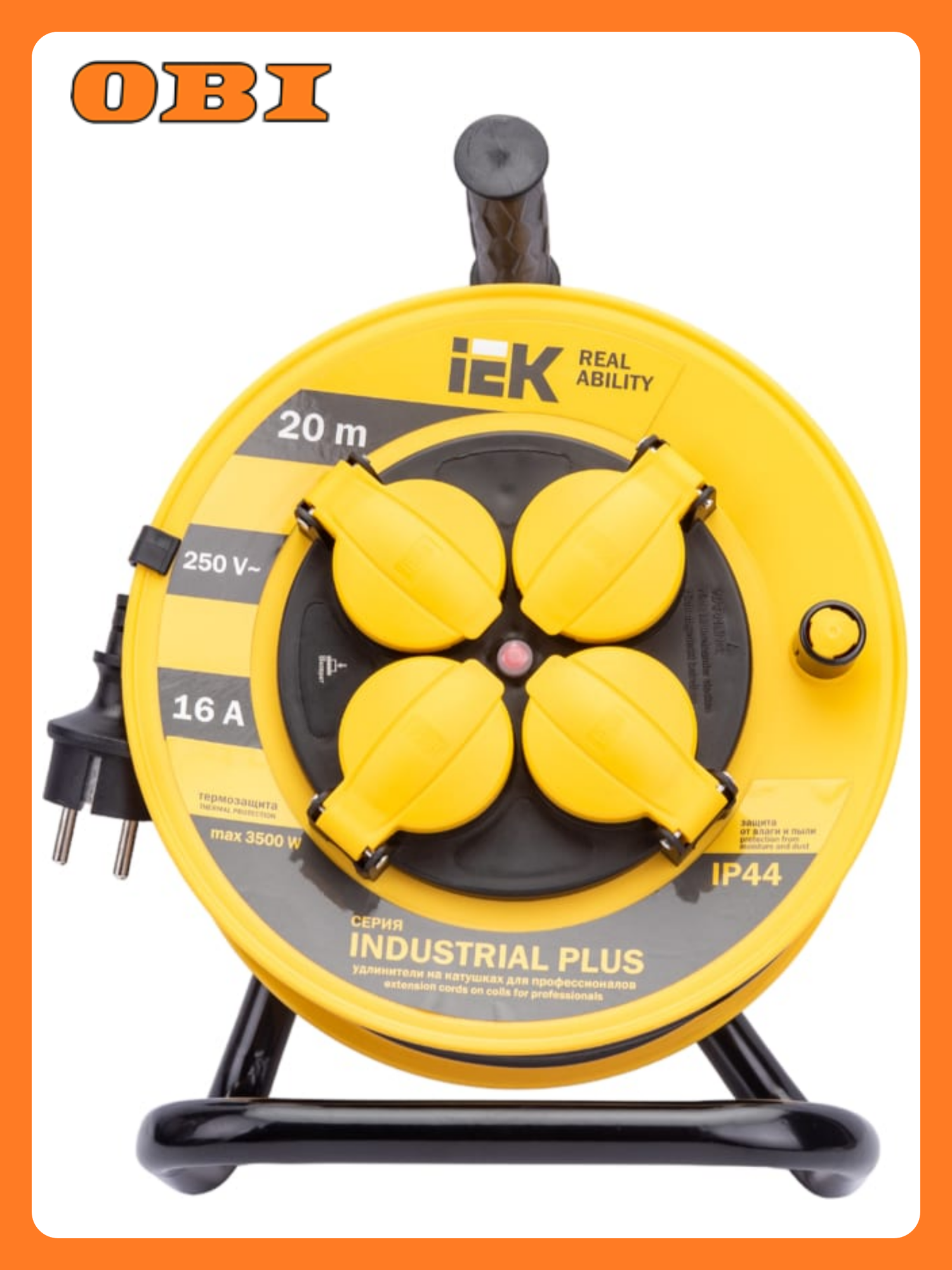 Катушка УК20 на мет. с термозащитой 4 места 2P+PE/20м КГ 3х1,5мм2 IP44 PROFESSIONAL IEK черный